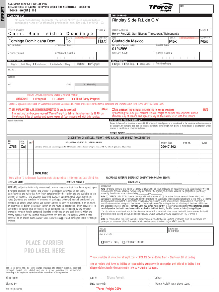TForce Freight Bill of Lading Guide | PDF | Cargo | Bill Of Lading