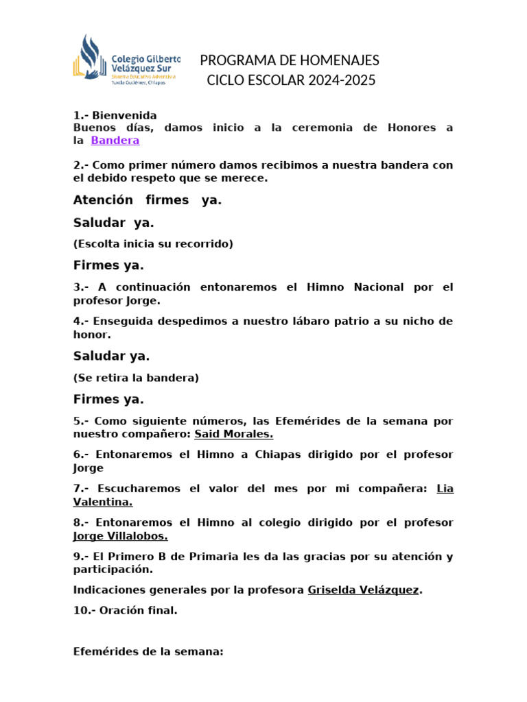 PROGRAMA HOMENAJE 1° B Prim. 24-25 | PDF