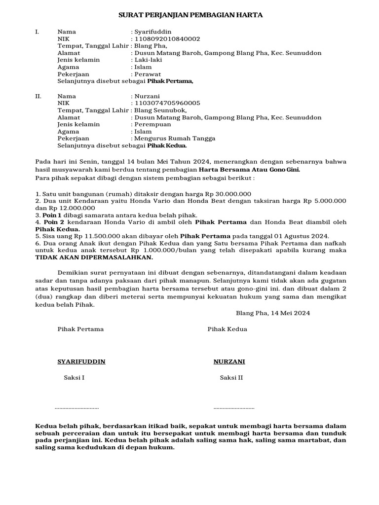 Surat Perjanjian Pembagian Harta | PDF