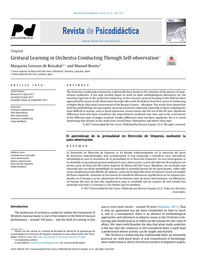 Gestural Learning in Orchestra Conducting Through Self-Observation | PDF | Visual Cortex | Cognition