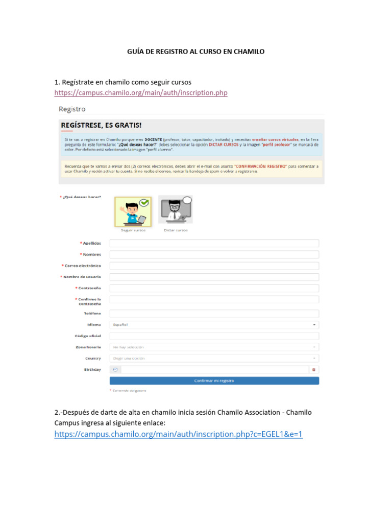 Guía de Registro Al Curso en Chamilo | PDF