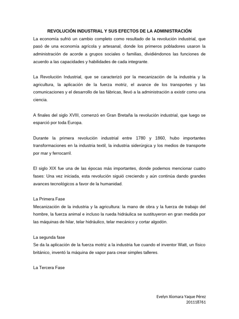 REVOLUCIÓN INDUSTRIAL Y SUS EFECTOS DE LA ADMINISTRACIÓN | PDF | Revolución industrial | Fábrica