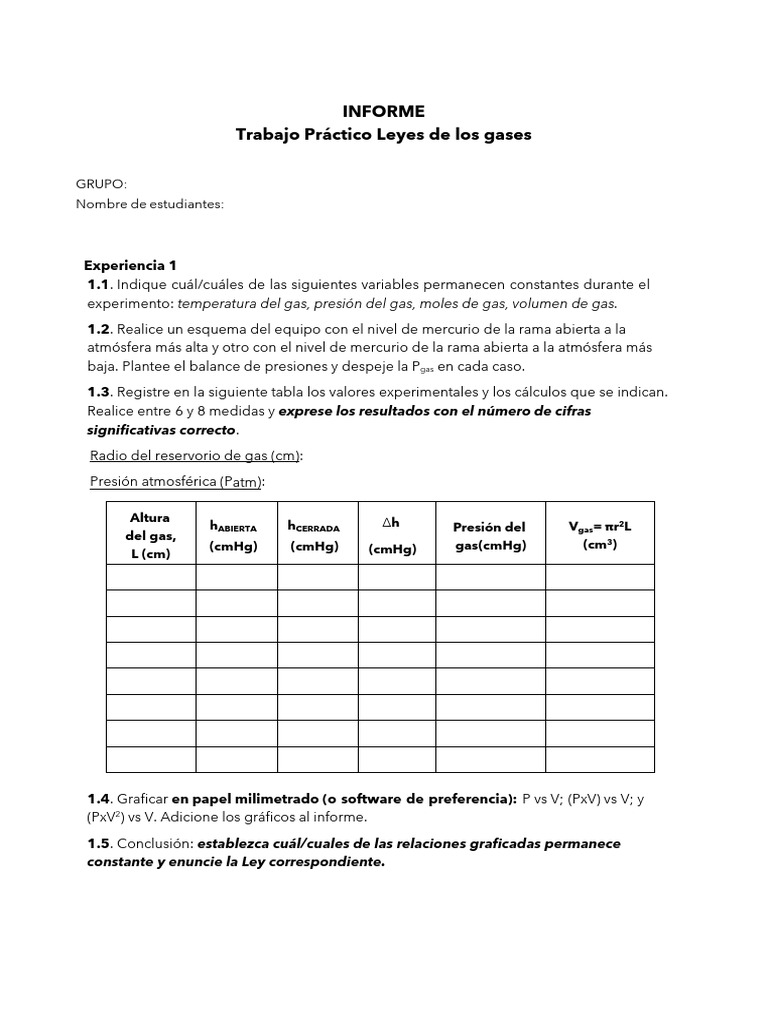 Informe Modelo - TP Leyes de Los Gases 2024. | PDF | Gases | Mole (Unidad)
