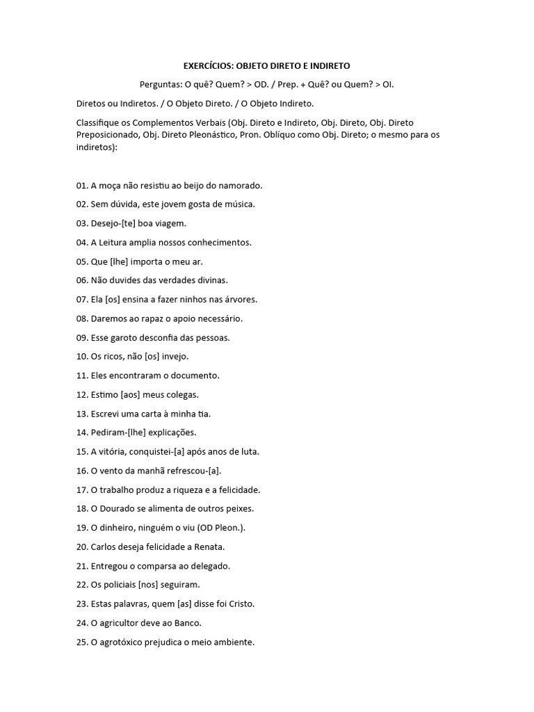 Exercício de Objeto Direto para Aluno | PDF
