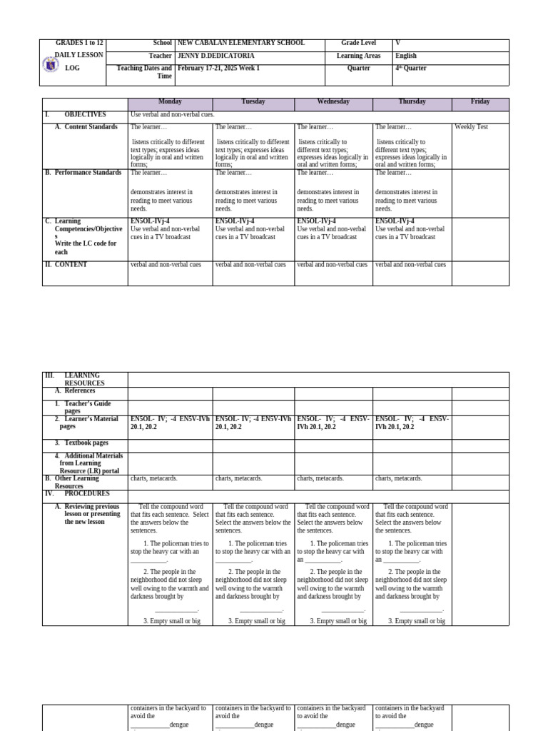 5 DLL English 5 Q4 Week 1 | PDF | Nonverbal Communication | Learning