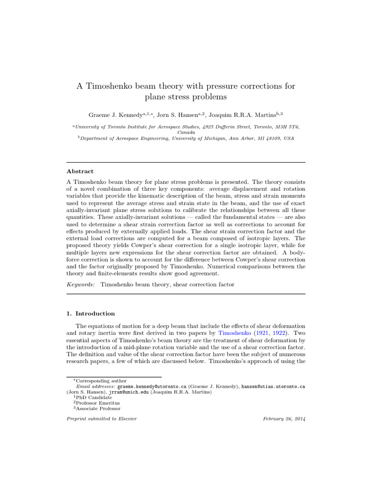 A Timoshenko Beam Theory With Pressure Corrections For Plane Stress ...