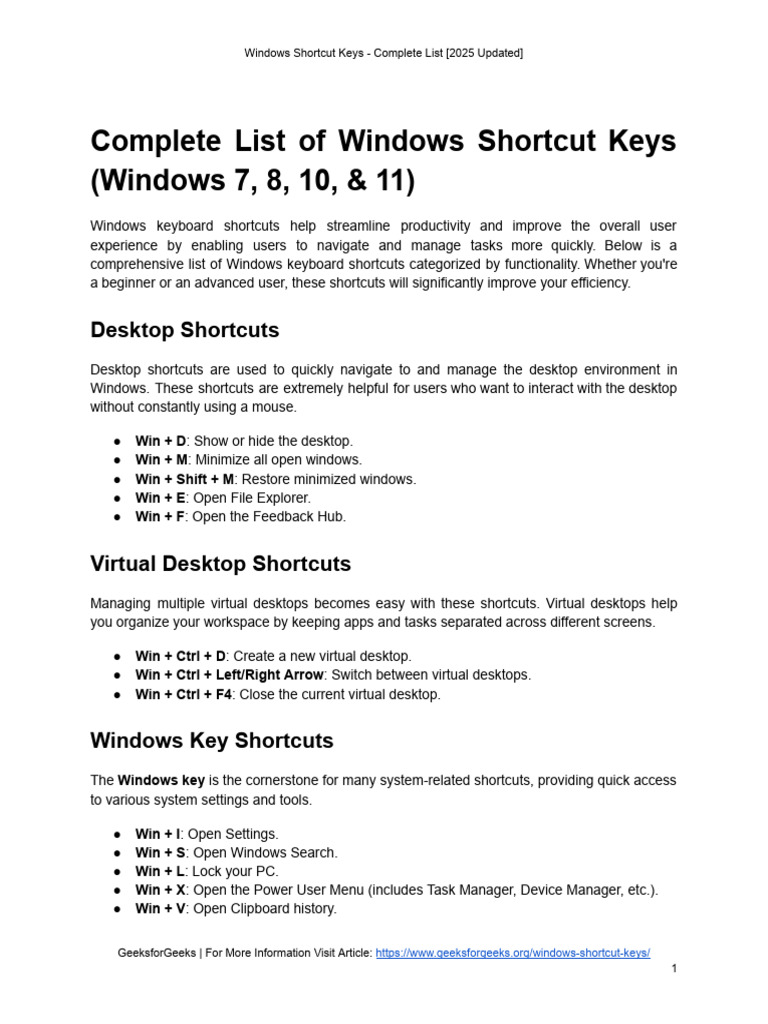 Complete List of Windows Shortcut Keys in 2025 | PDF | Keyboard Shortcut | Microsoft Windows
