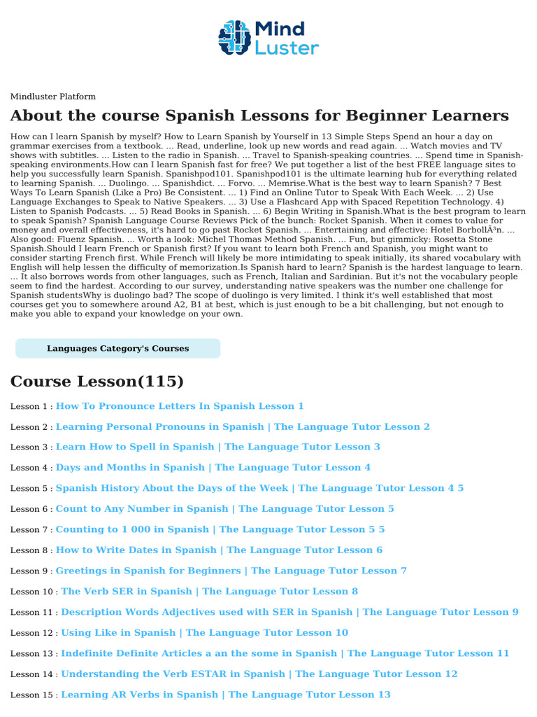 Spanish Lessons For Beginner Learners Course Content | PDF ...