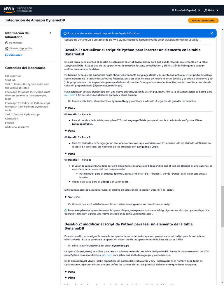 Integrating Amazon DynamoDB - Laboratorios de Prácticas A Tu Ritmo - 1 | PDF | Python (lenguaje ...
