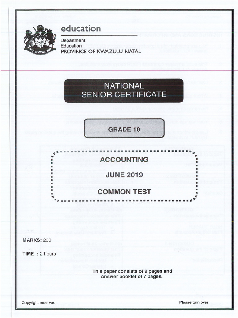 ACC June 2019 Grade 10 QP 1 | PDF