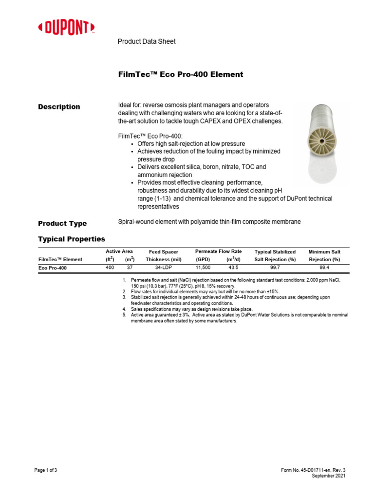 FilmTec Eco Pro 400 PDS 45 D01711 en | PDF | Membrane | Materials