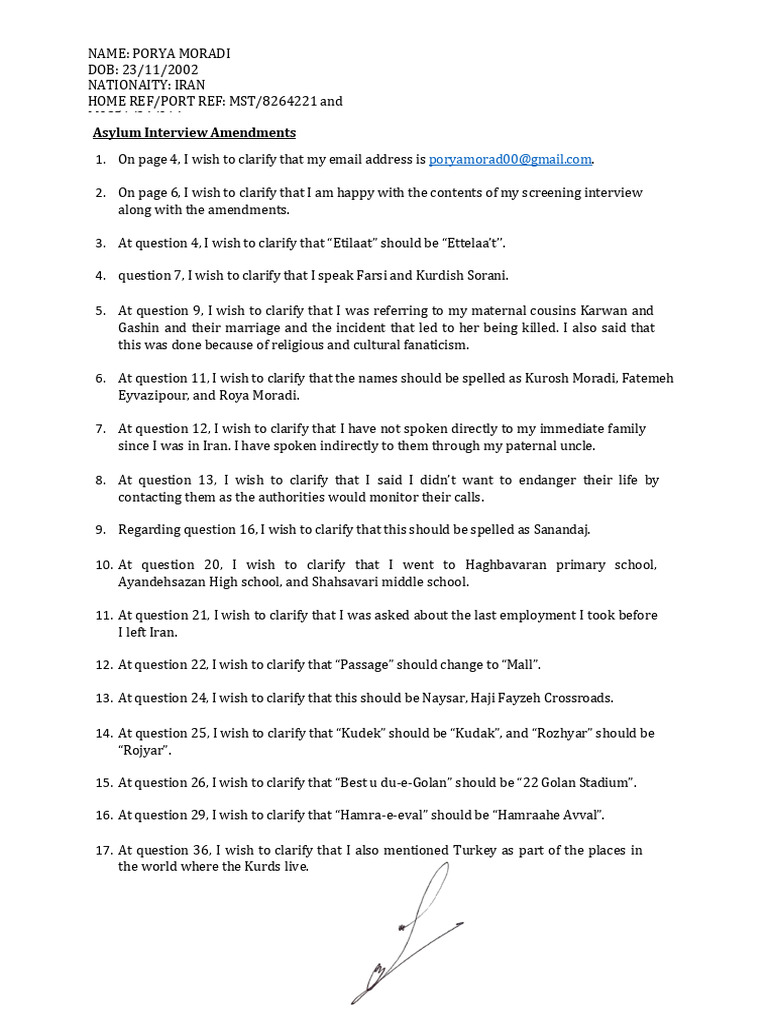 Porya Moradi Asylum Interview Amendments | PDF