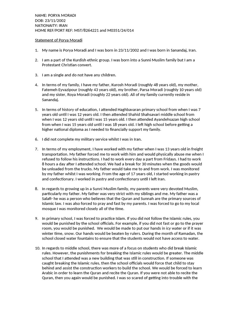 Statement of Porya Moradi (Final) | PDF | Abrahamic Religions