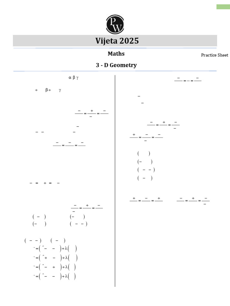 3 D Geometry Practice Sheet Vijeta 2025 Pdf Line Geometry Cartesian Coordinate System
