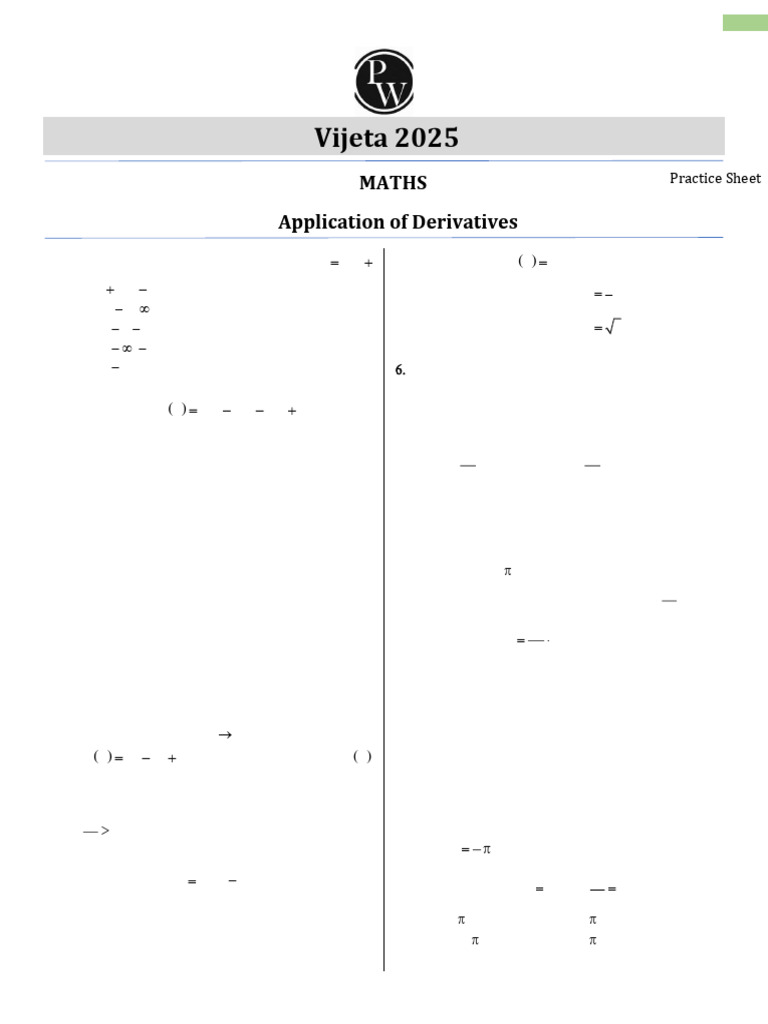 Application Of Derivatives Practice Sheet Vijeta 2025 Pdf Mathematical Analysis