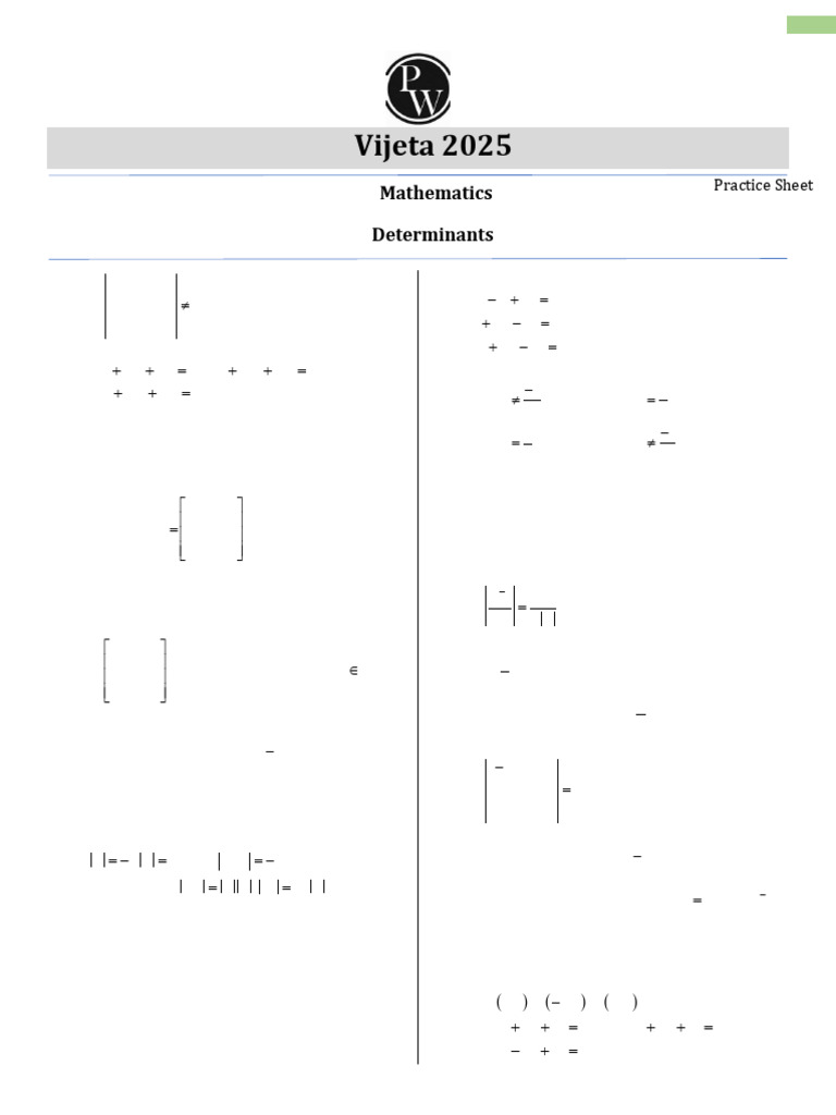 Determinants Practice Sheet Vijeta 2025 Pdf Applied Mathematics Mathematical Concepts