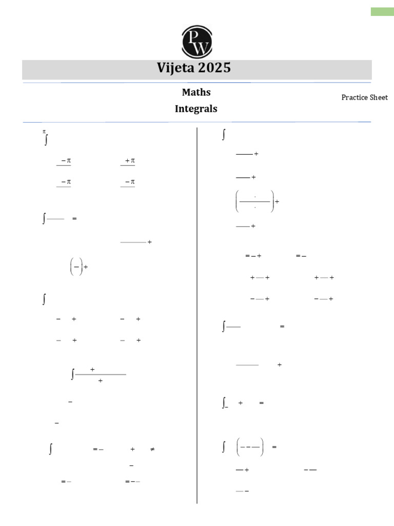 Integrals - Practice Sheet - Vijeta 2025 | PDF
