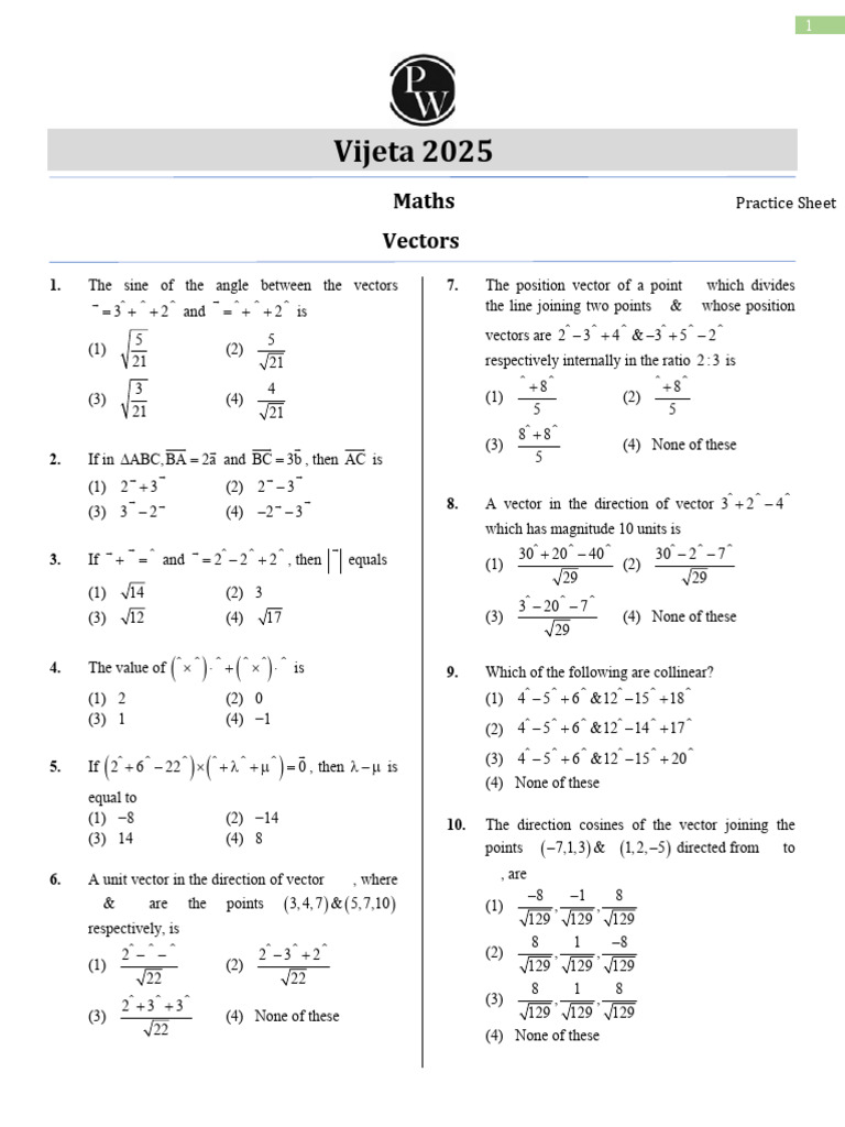 Vectors _ Practice Sheet __ Vijeta 2025 | PDF | Euclidean Vector ...