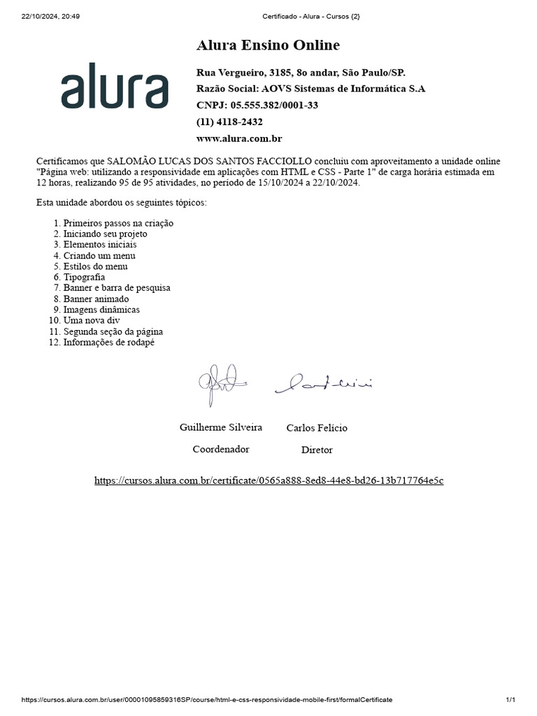 Certificado - Alura - Cursos HTML e Css | PDF