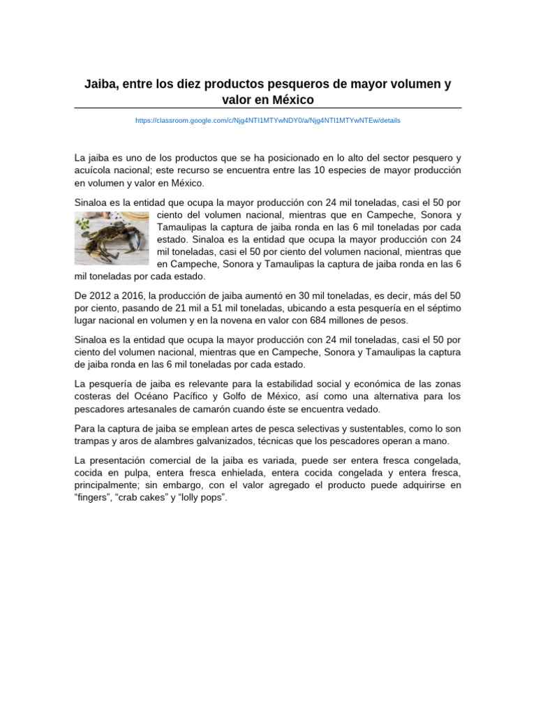 Jaiba, Entre Los Diez Productos Pesqueros de Mayor Volumen y Valor en ...