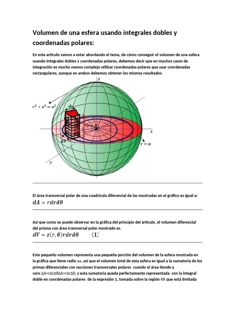Volumen de Una Esfera Usando Integrales Dobles y Coordenadas Polares ...