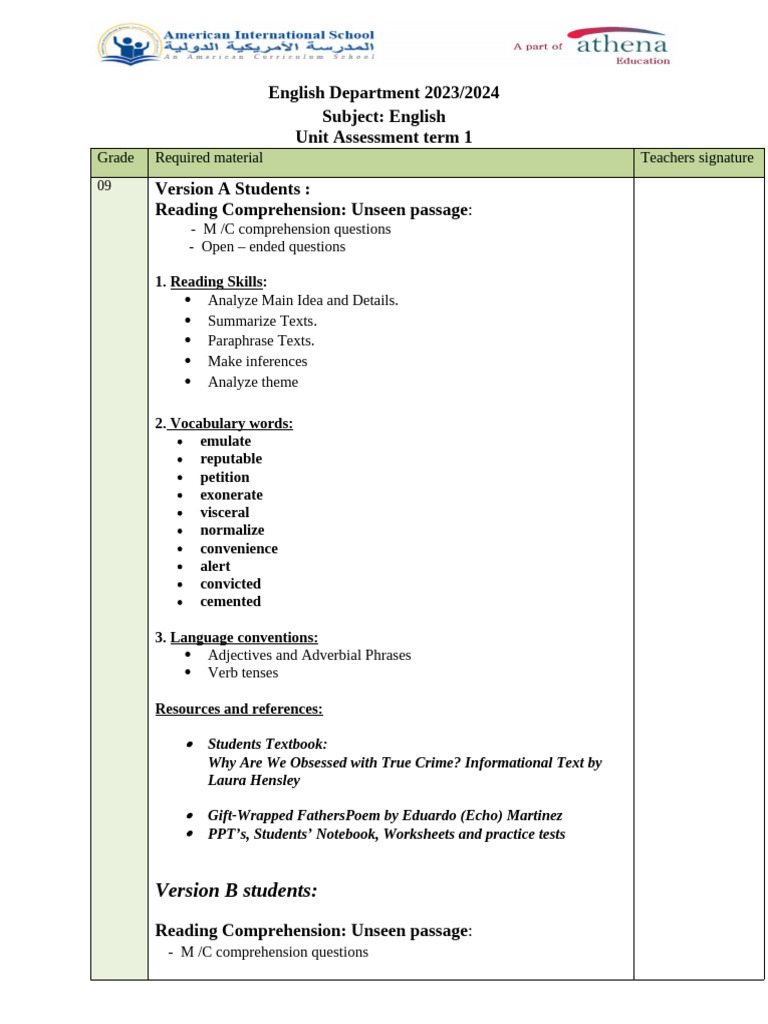 English Unit Assessment Overview | PDF