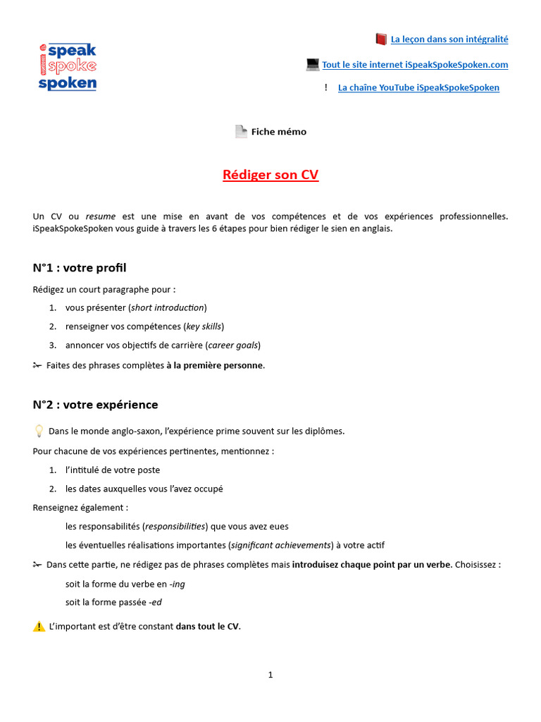 Fiche+Memo+21+ISSS+ +CV+Anglais+ +V1+Copie | PDF | Linguistique