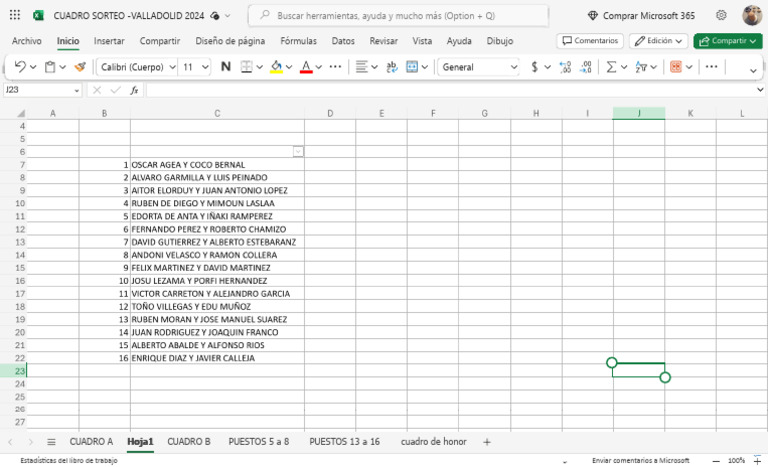 CUADRO SORTEO - VALLADOLID 2024.xlsx - Microsoft Excel Online | PDF