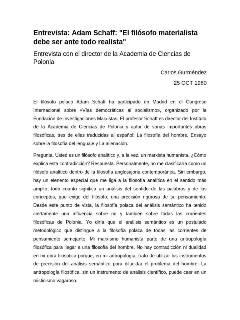 Entrevista a Adam Schaff sobre filosofía marxista | PDF | Verdad ...