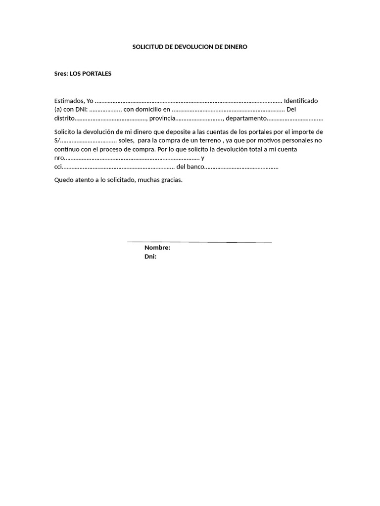 Solicitud de Devolucion de Dinero | PDF