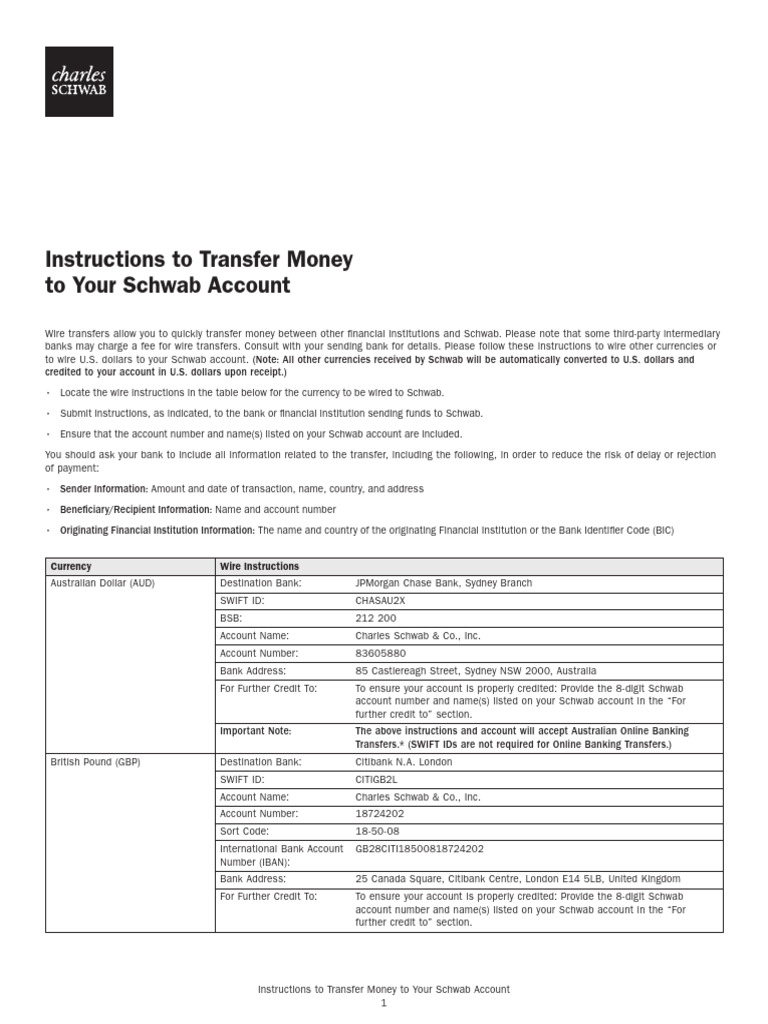 Schwab Wire Transfer Instructions | PDF | Wire Transfer | Payments