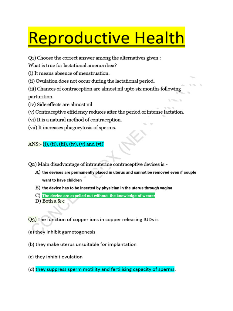 Reproductive Health MCQ - CONCEPT BOX | PDF | Birth Control | Fertilisation
