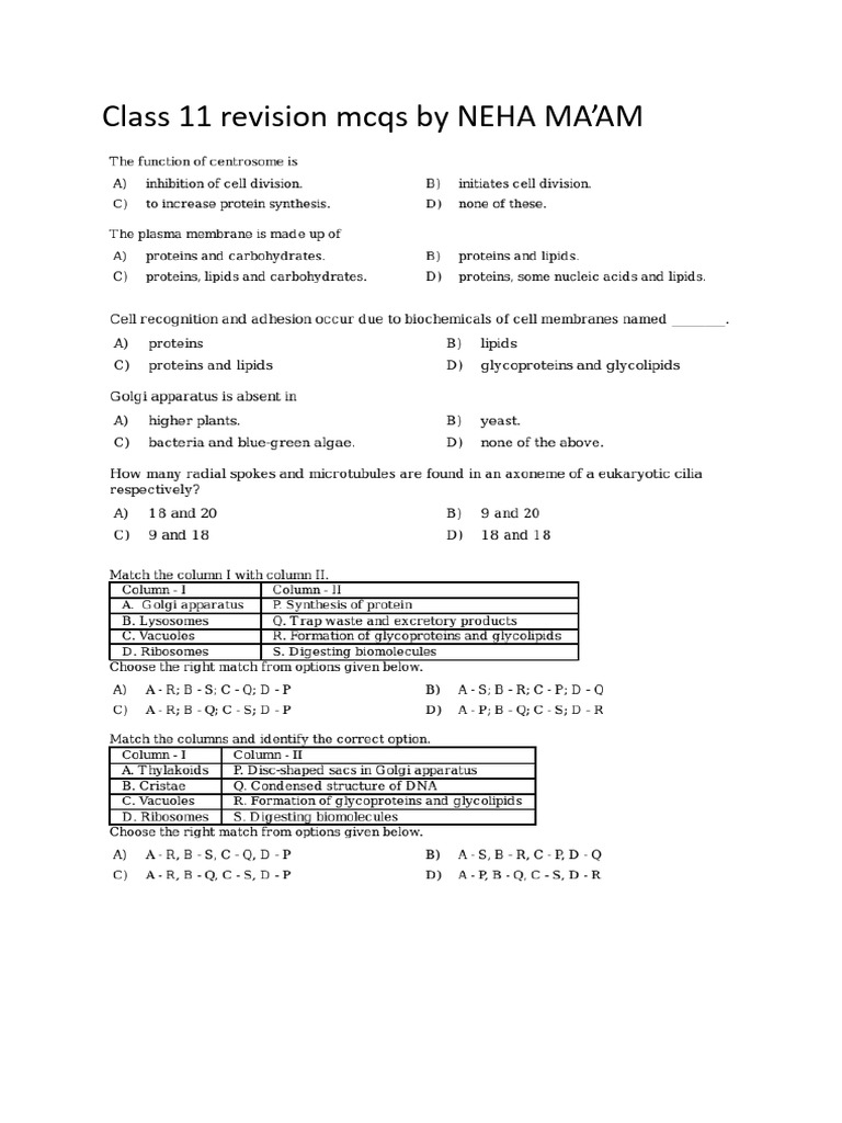 Class 11 Revision Mcqs by NEHA MA'AM | PDF