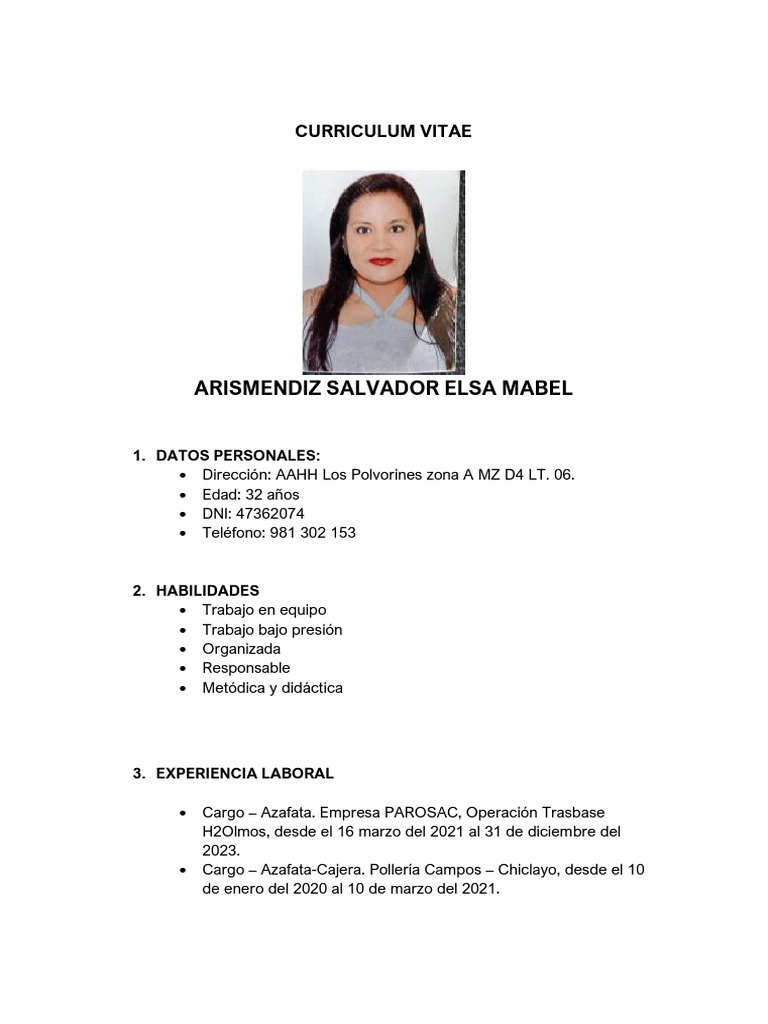 Curriculum Vitae de Azafata Elsa Mabel | PDF