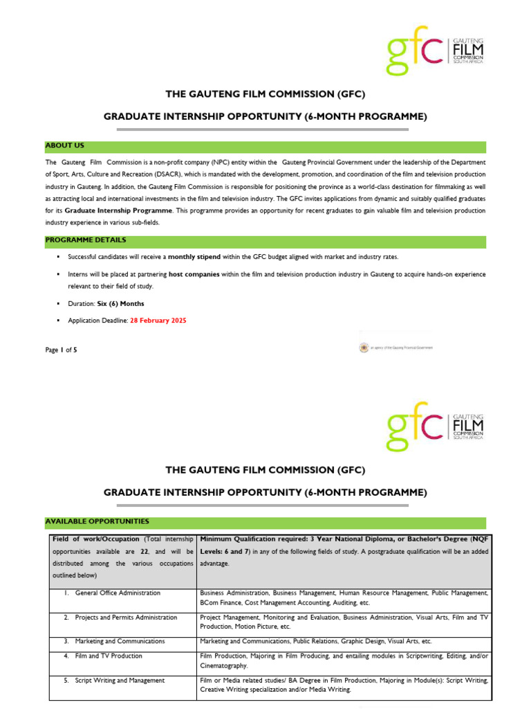 THE GAUTENG FILM COMMISSION GFC INTERNSHIP ADVERT 2025 v1 | PDF