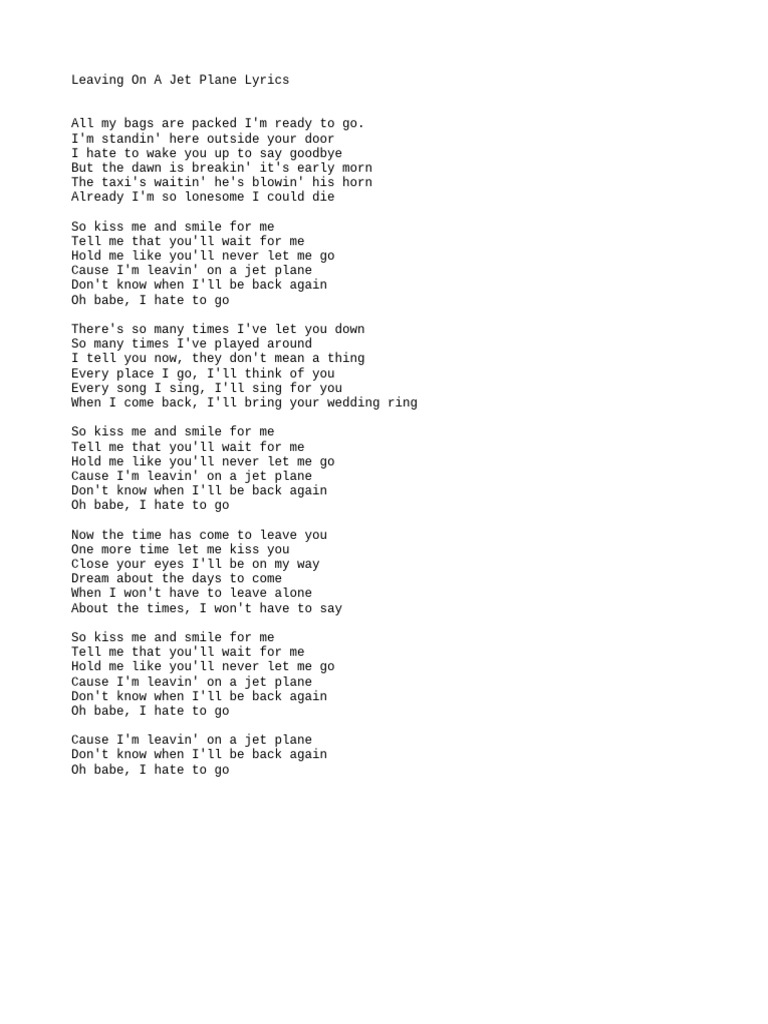 Leaving on a Jet Plane Lyrics | PDF