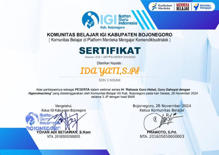 IDA YATI, S.PD Sertifikat HGN IGI 2024 | PDF