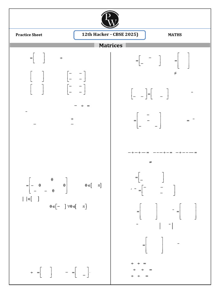 Matrices - Practice Sheet - 12th Hacker - CBSE 2025 | PDF | Matrix (Mathematics) | Mathematical ...