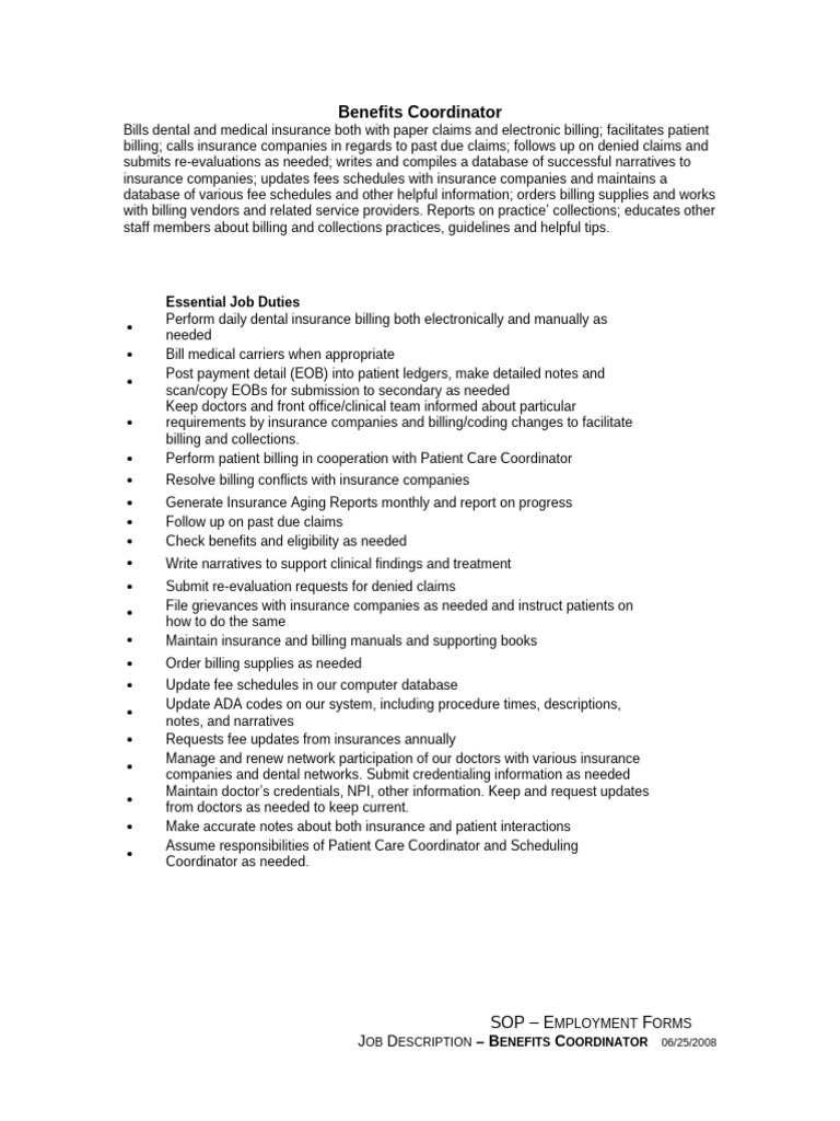 Job Description Benefits Coordinator | PDF | Service Industries ...