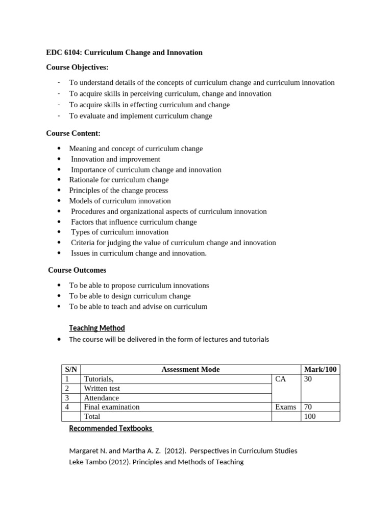 Curriculum Change and Innovation Course | PDF