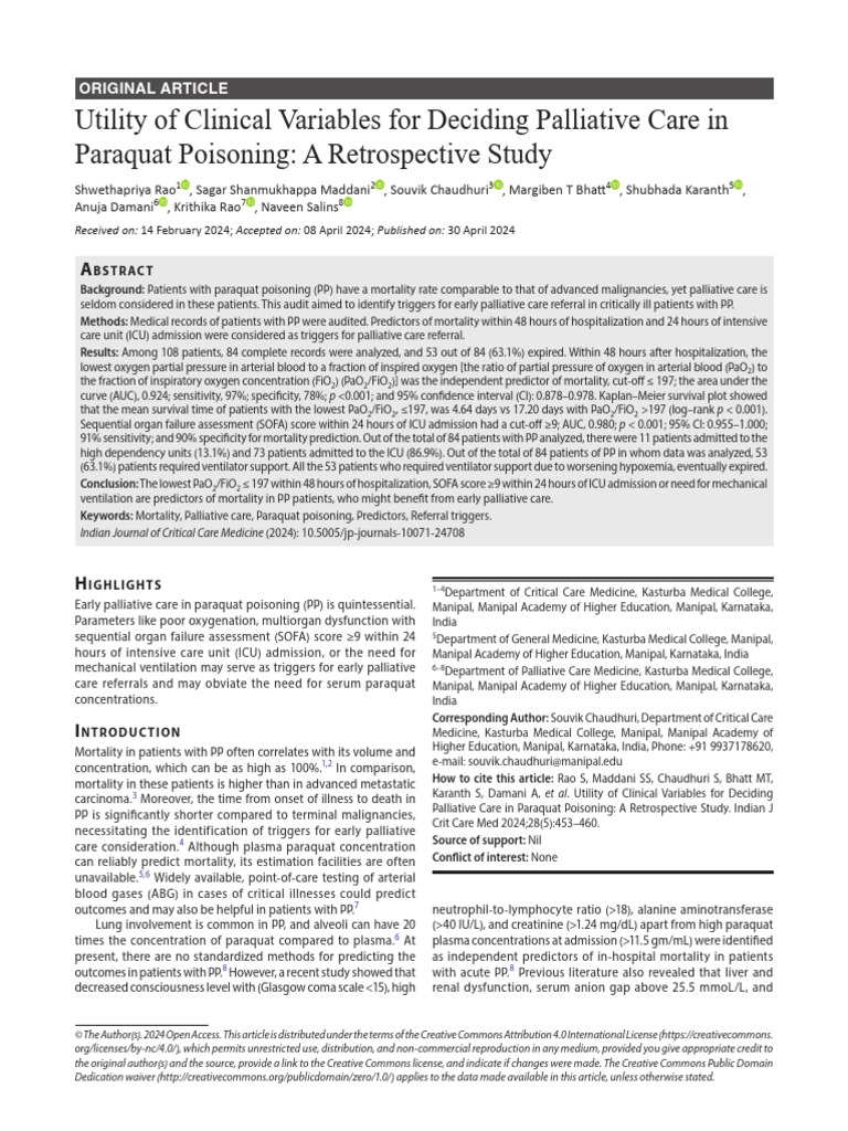 Palliative Care Triggers in Paraquat Poisoning | PDF | Intensive Care ...