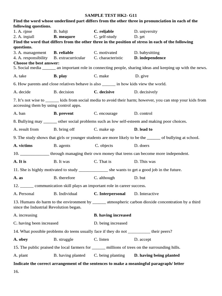 KEY Sample test 2 | PDF | University | Bullying