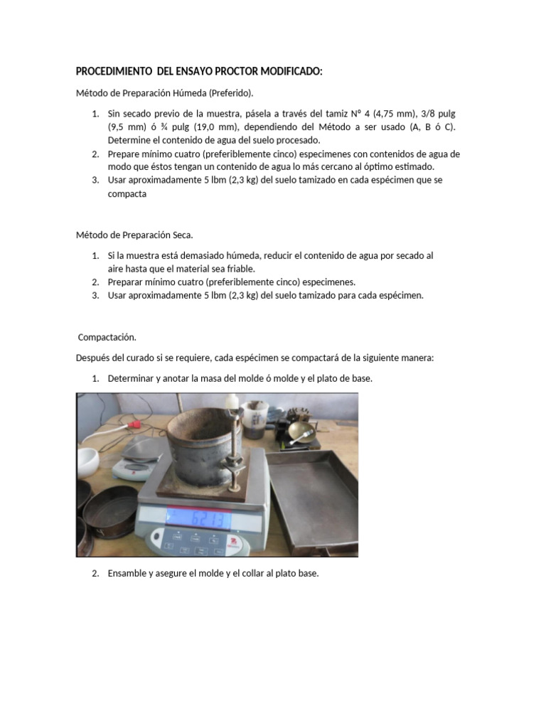 Procedimiento Del Ensayo Proctor Modificado | PDF