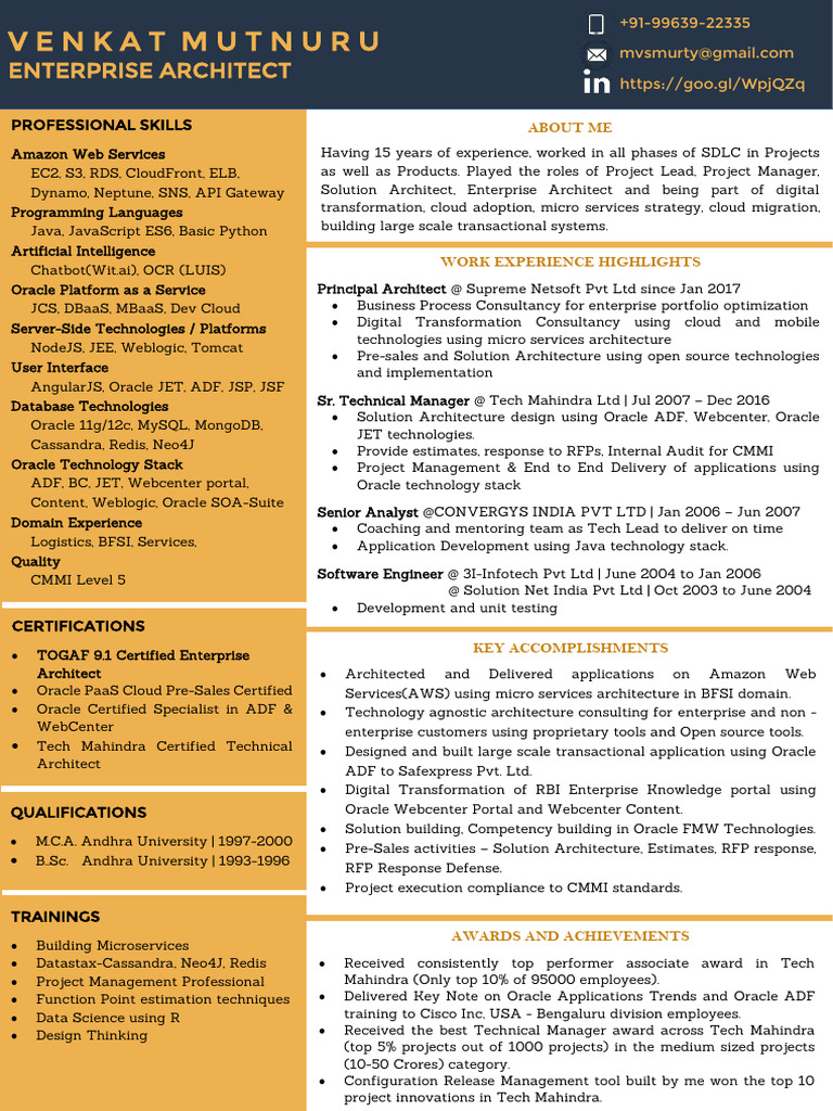 Venkat Profile-One-Page | PDF | Oracle Corporation | Cloud Computing