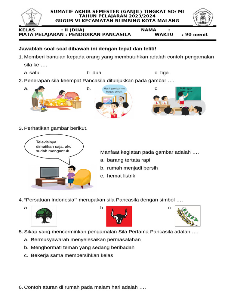 Soal Sas Pendidikan Pancasila Semester Satu 2023-2024 Fix | PDF