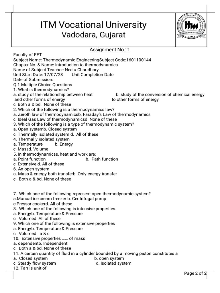 Btech - Thermal - Unit 1 - Assignment | PDF | Heat | Thermodynamics