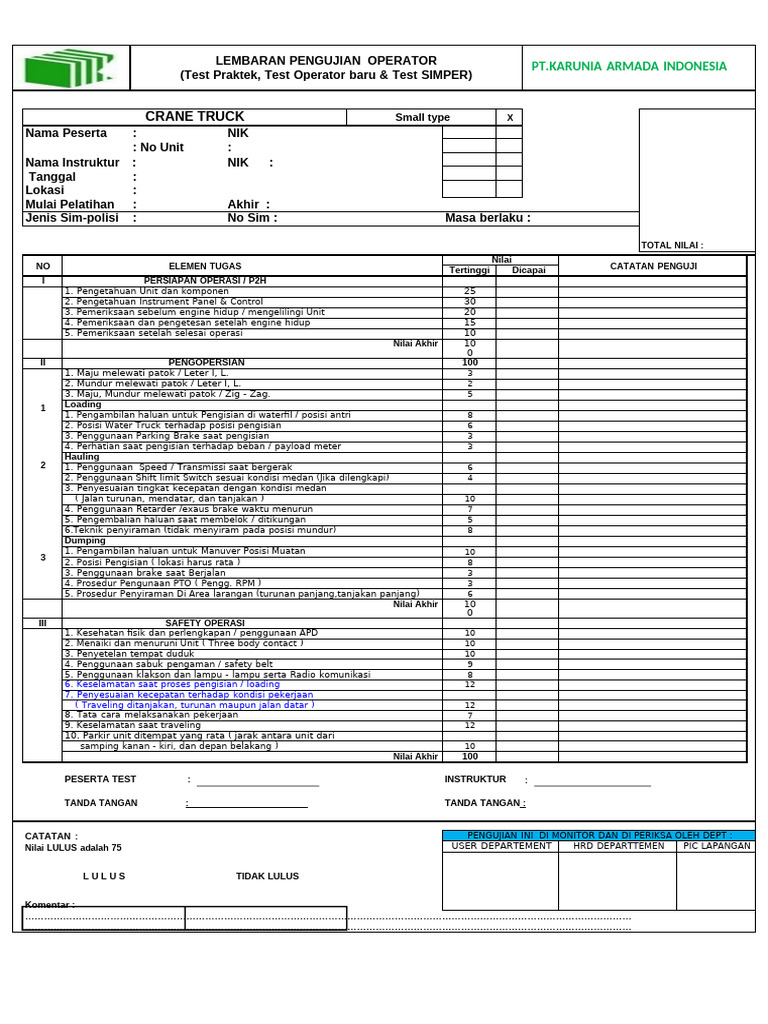 Pengujian Operator Crane Truck PT Karunia | PDF