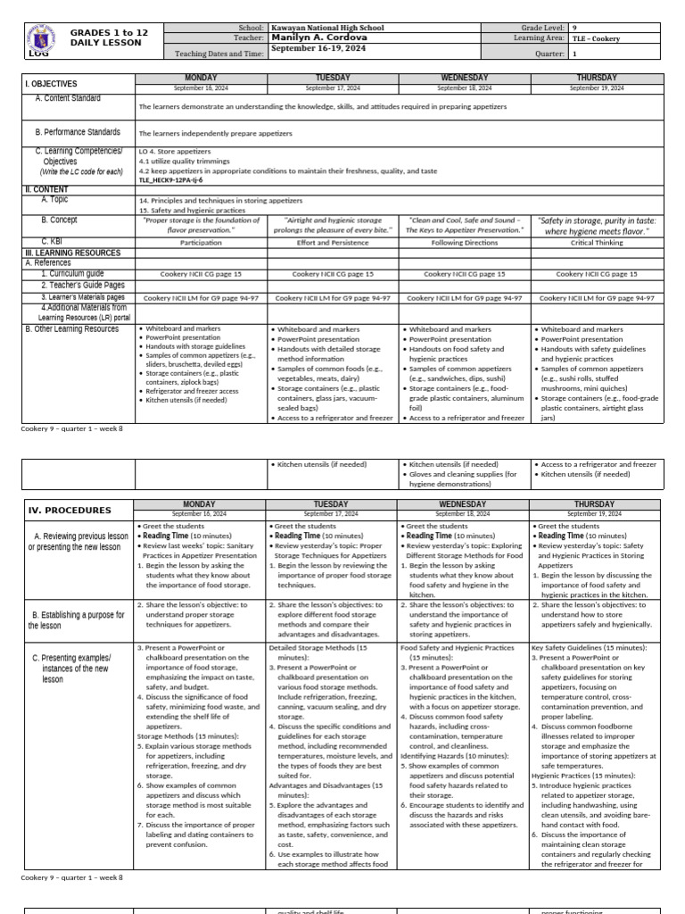 G9-DLL-TLE-Q1-w8 - Sep 16-19 | PDF | Food Safety | Food Science