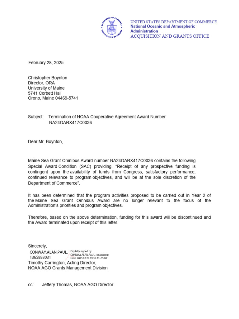 NOAA: Letter To University of Maine | PDF