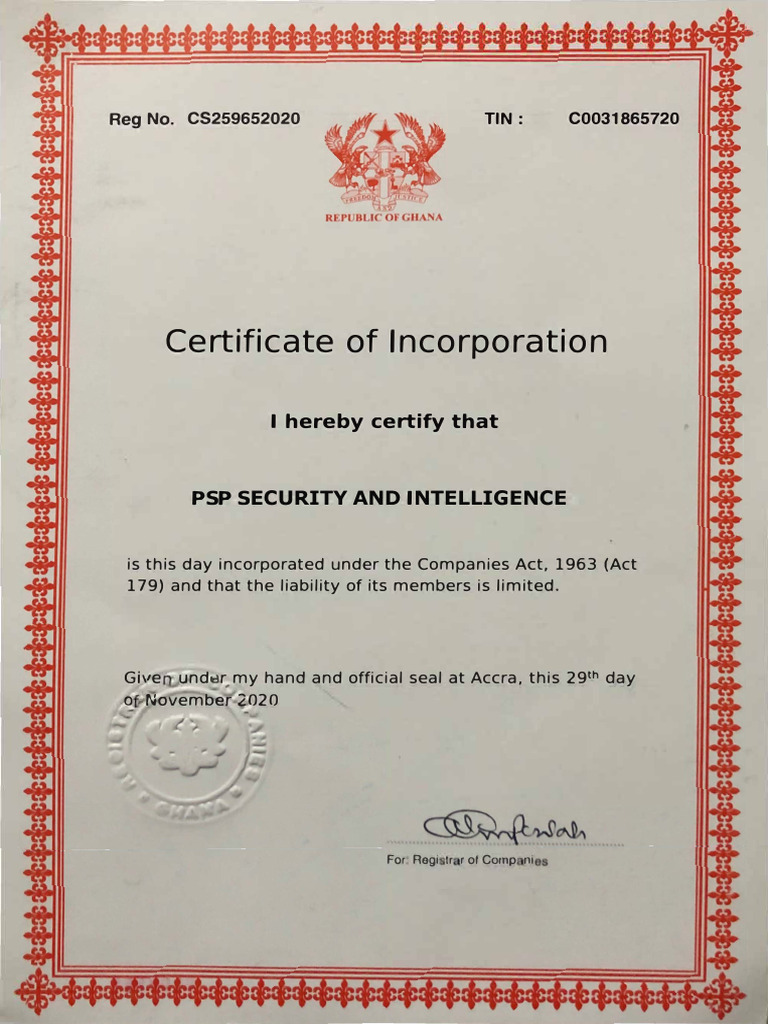 PSP Security and Intelligence Incorporation Certificate | PDF